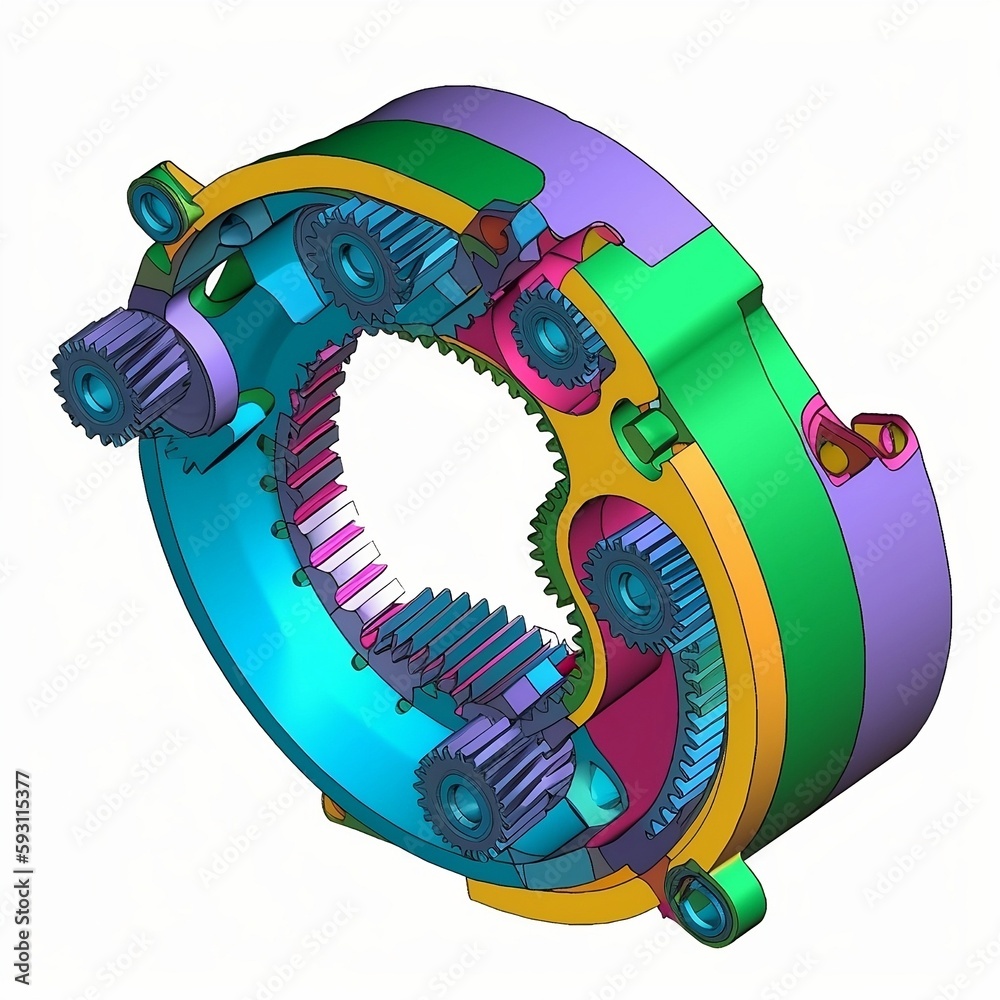 a 3D model of a complex gear rotator in multiple colors, in the style ...