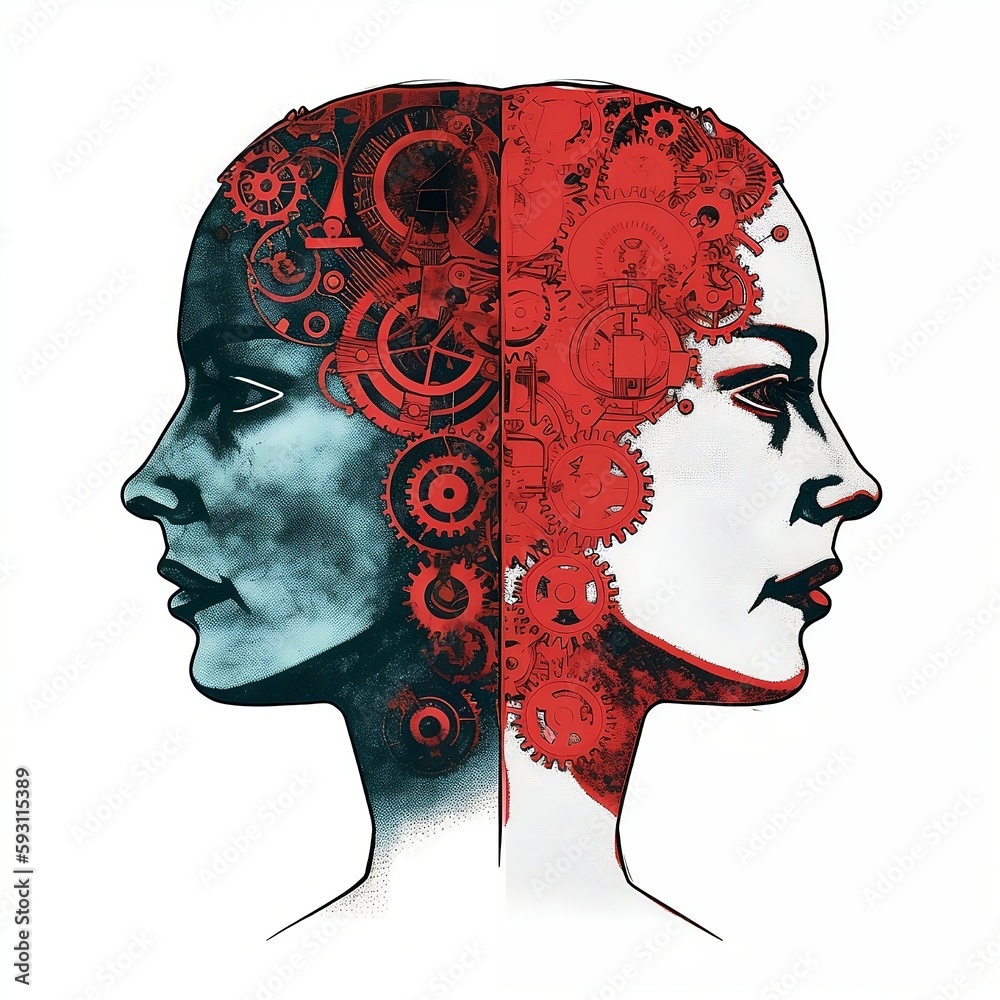two heads of females with gears in their head, in the style of light ...