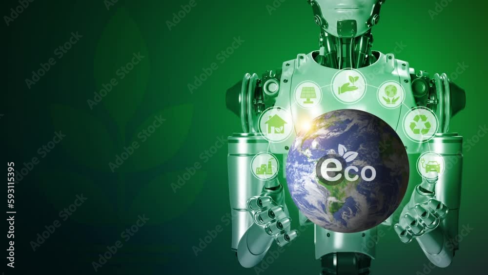 Vidéo Stock Robot showing global with ECO icon, eco friendly protecting ...