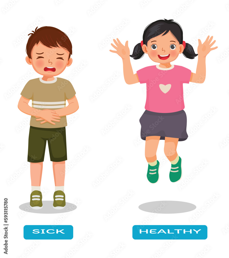 Opposite adjective antonym word sick and healthy illustration of little ...