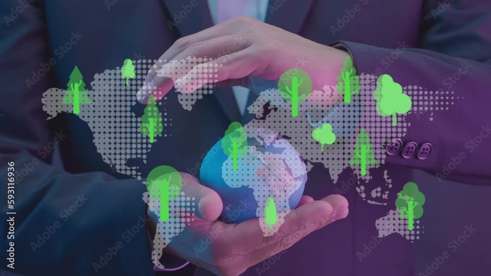 Businessman showing planet earth global with virtual tree icons. Net ...
