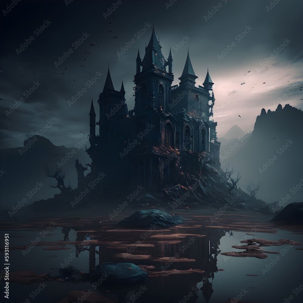 Epic scaled Abandoned Medieval Fantasy castle corrupted by evil river ...