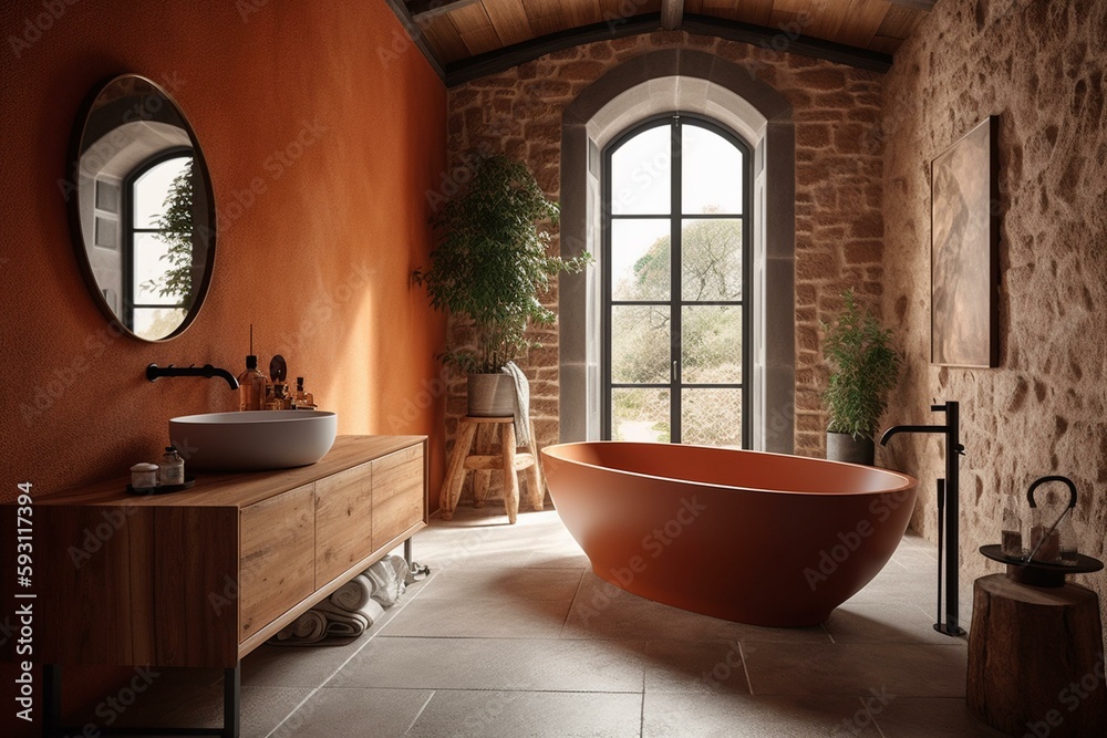 A stylish Tuscan-style bathroom with terracotta and stone textures ...