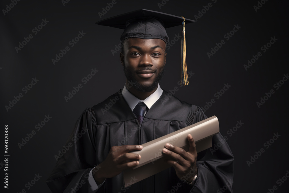 Proud and happy graduate in graduation cap and gown holdong a diploma ...