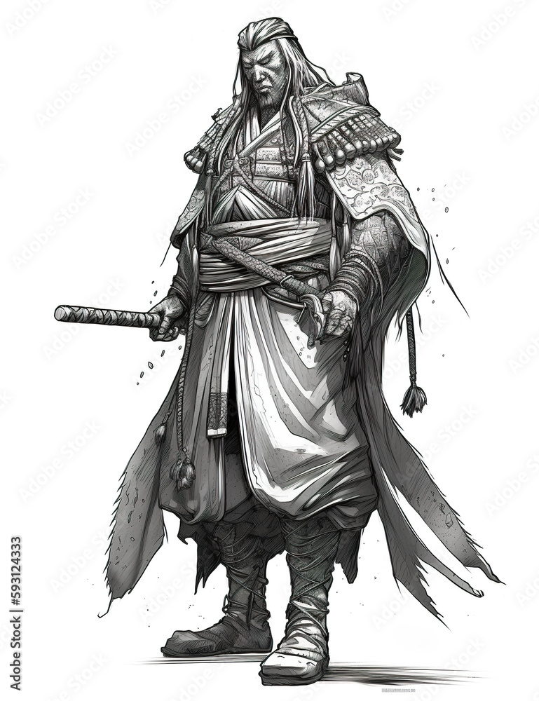 Fantasy character with Asian influences, black white illustration ...