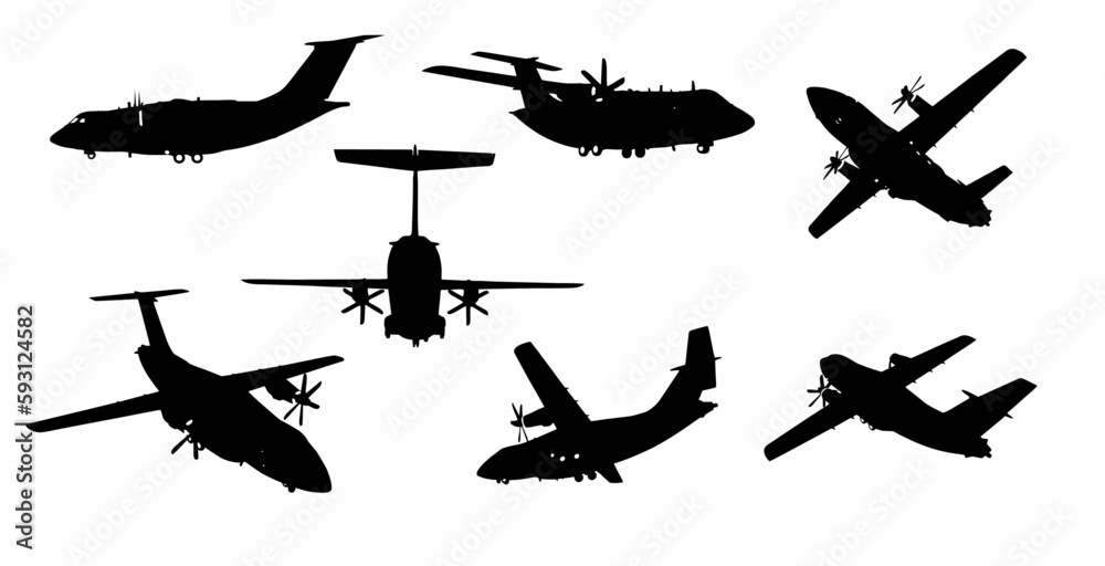 Vector Silhouette of an airplane on a white background. Top view, front ...