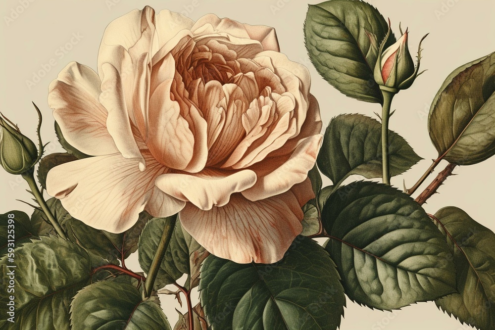 Botanical vintage beautiful rose illustration on a transparent ...