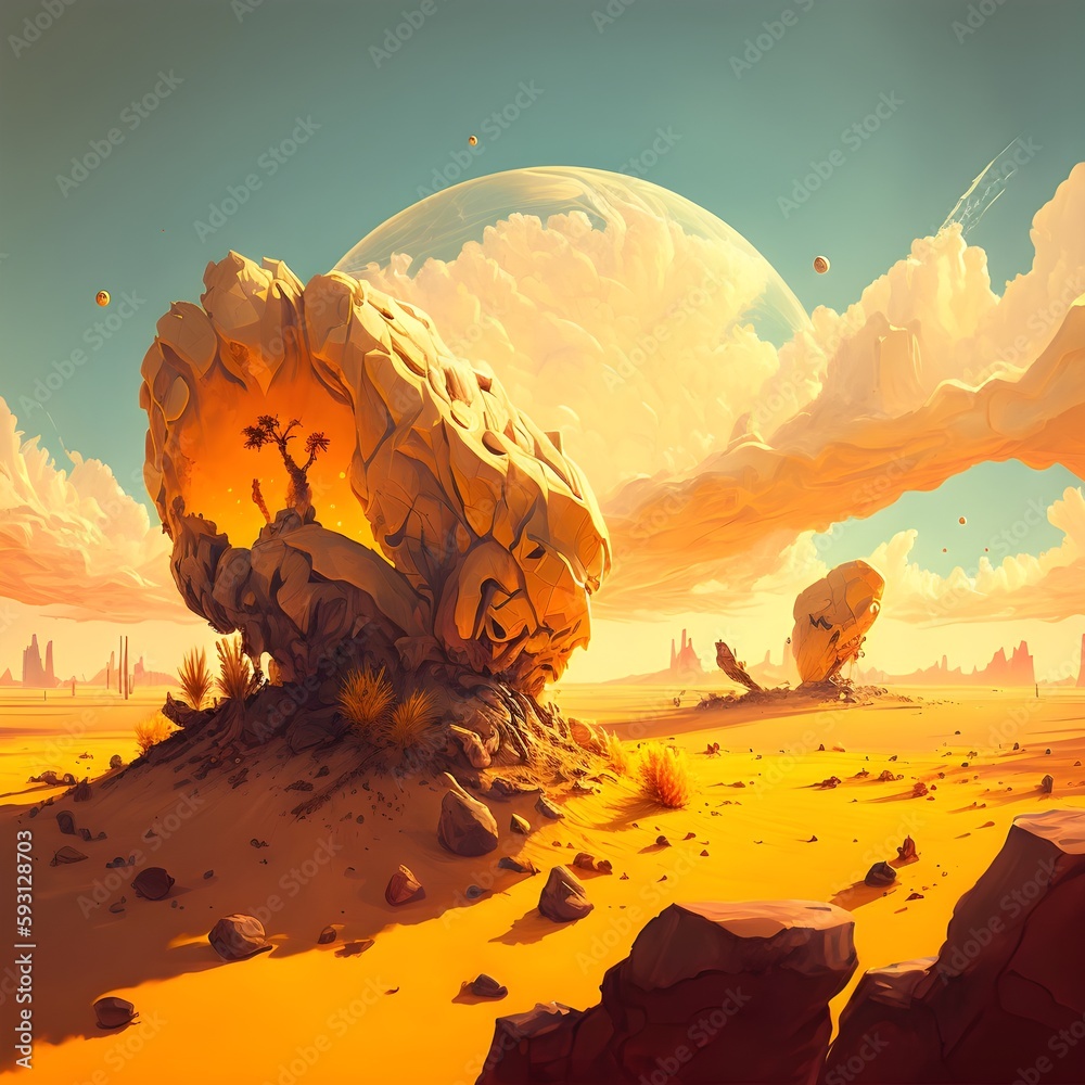 desert with huge orange rocks rising out of yellow golden sand blazing ...