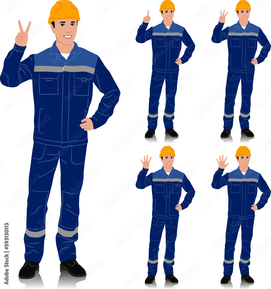 Hand-drawn worker wearing helmet and overalls with safety band. Worker ...