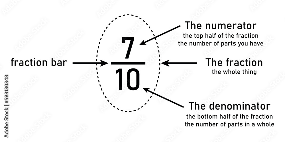 Parts of fraction number in mathematics. Numerator, denominator and ...