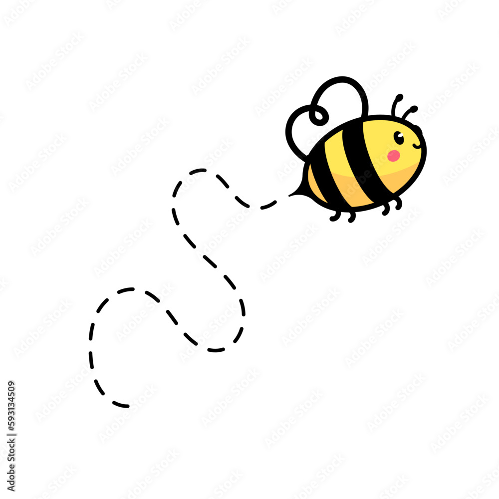 cartoon cute little bee flying on the dotted line to find sweet honey ...