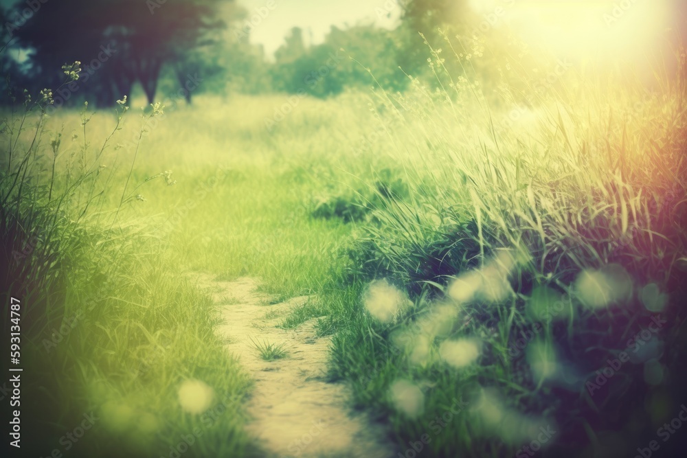 Spring and summer theme, close up green grass field with blurry park ...