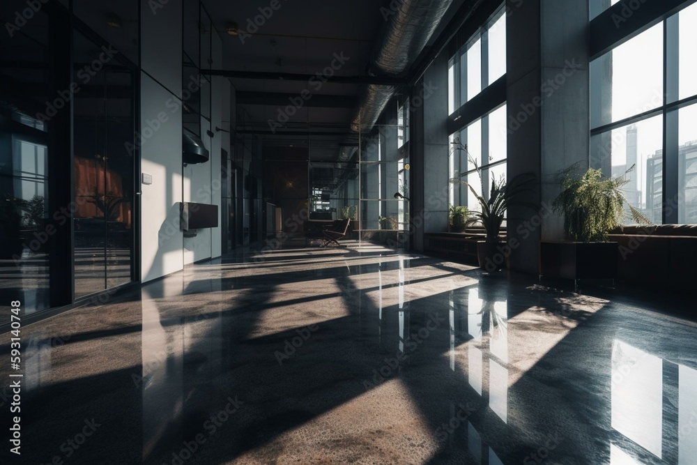 Modern interior in pleasant empty office building flooded with morning ...