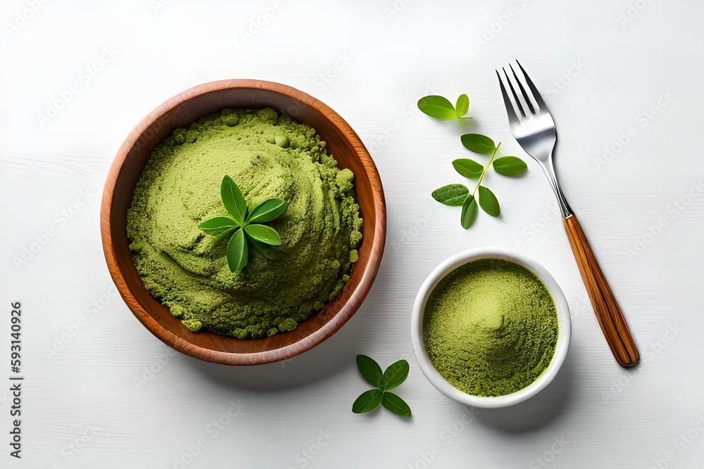 Moringa powder (Moringa Oleifera) in wooden bowl with original fresh ...