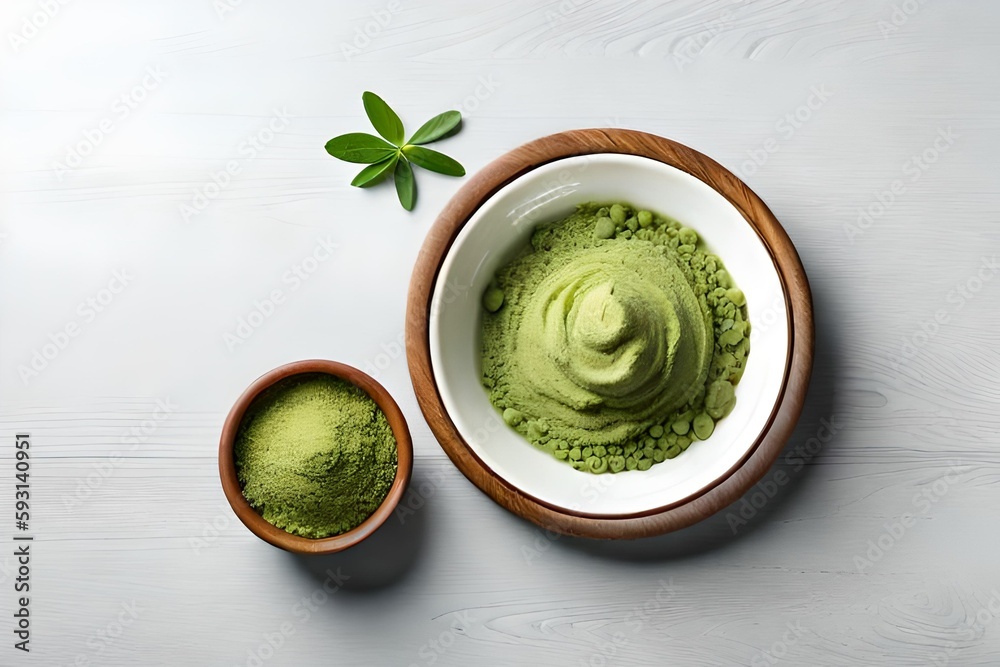 Moringa powder (Moringa Oleifera) in wooden bowl with original fresh ...