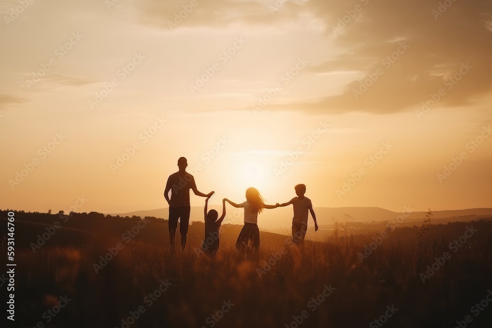 Happy family: mother, father, children son and daughter on sunset ...
