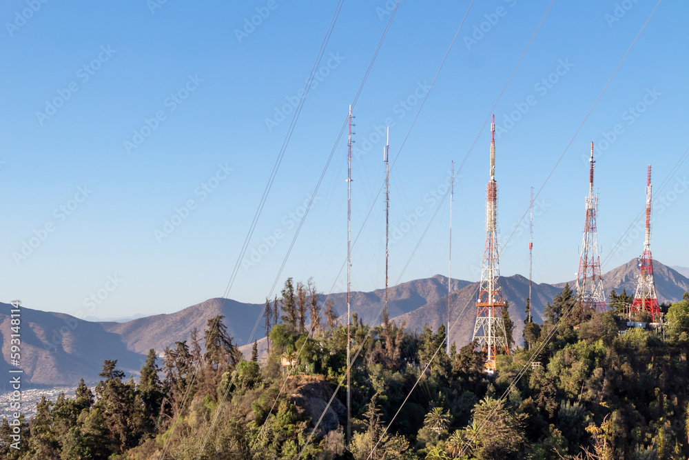 Communications antennas on the top of Cerro San Cristobal in Santiago ...