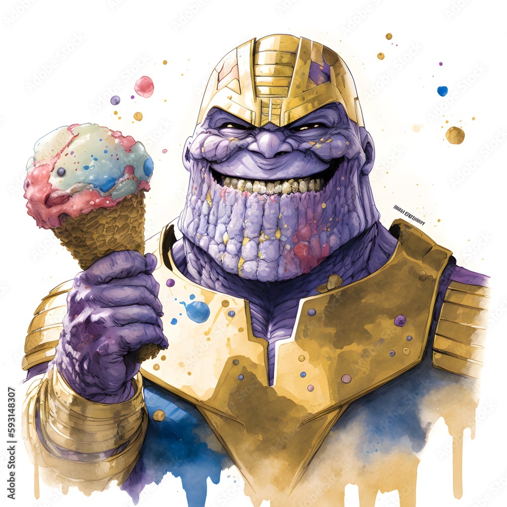 Smiling Thanos his hand hold a corlourful ice cream watercolor anime ...