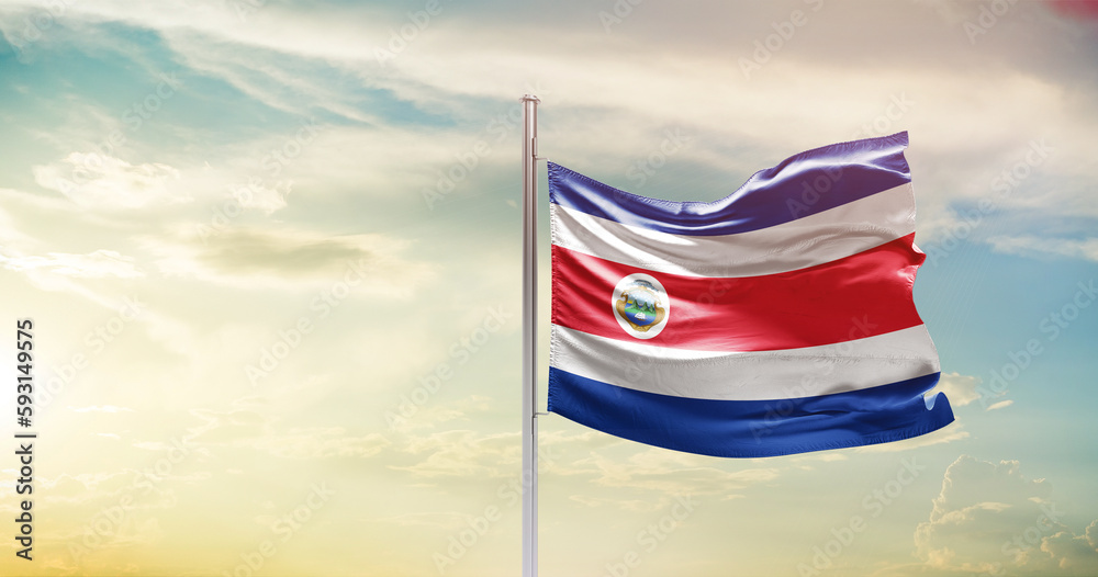 Costa Rica national flag waving in beautiful sky. The symbol of the ...