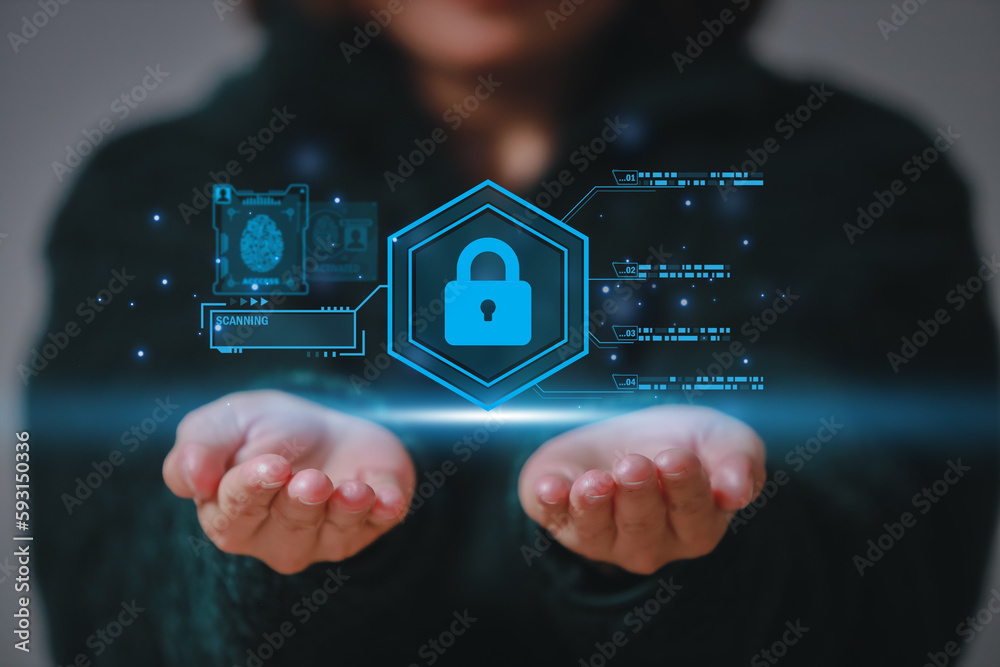 Cybersecurity and privacy and protect data concept. lock key icon and internet network security ...