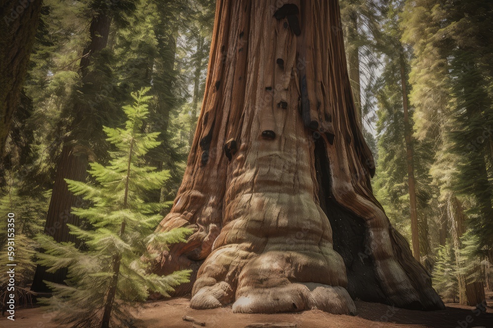 close-up of a sequoia tree, with its massive trunk and towering height ...