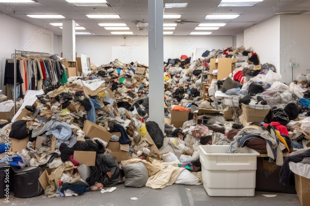 fast-fashion store, with overflowing bins of unwanted clothing in the ...