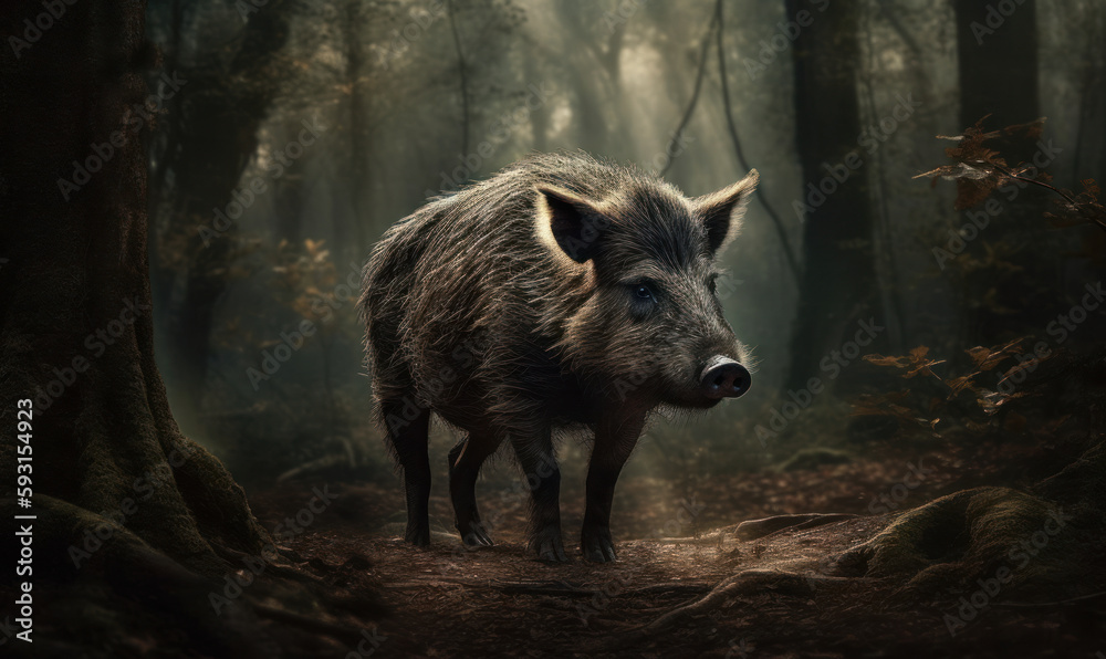 Wild boar standing in a forest clearing, its muscular body rippling ...
