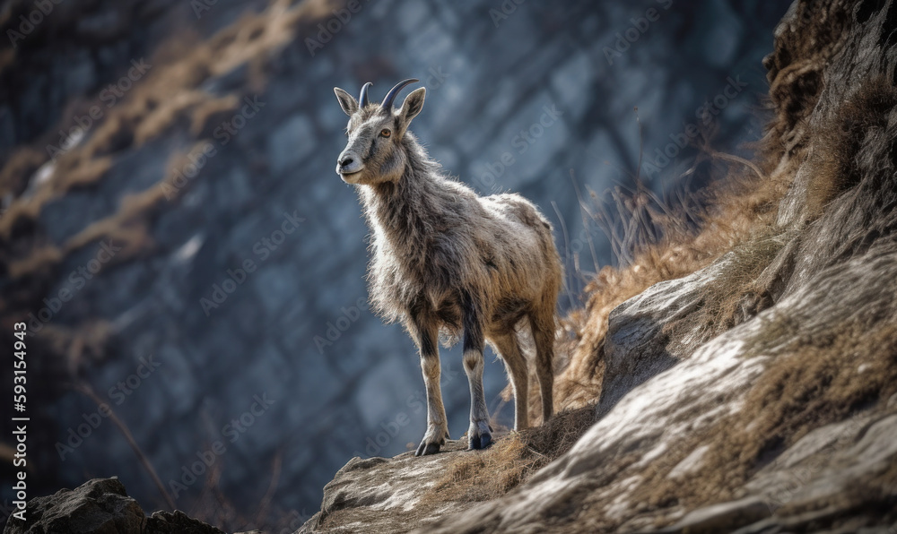 Bharal (blue sheep) standing on rocky mountain slope in Himalayas, its ...