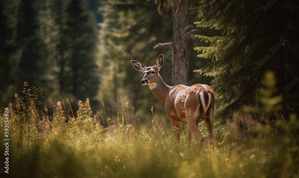 Photo of black-tailed deer grazing peacefully in a verdant meadow ...