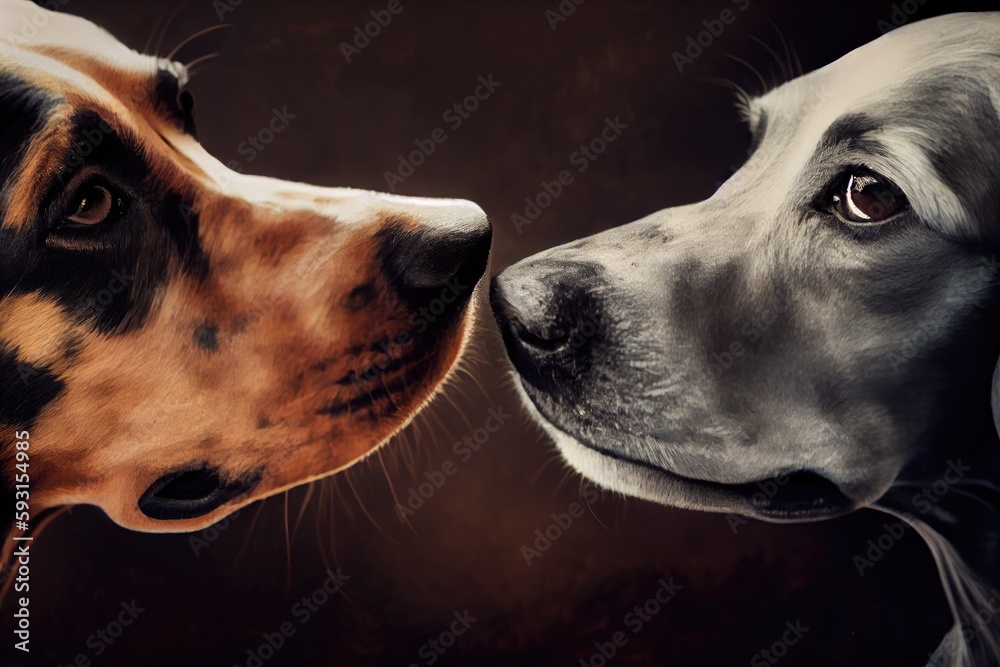 close-up of two dogs' faces, with their noses touching and eyes looking ...