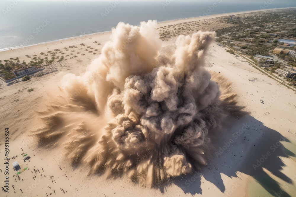sand explosion captured from bird's-eye view, with the blast reaching ...