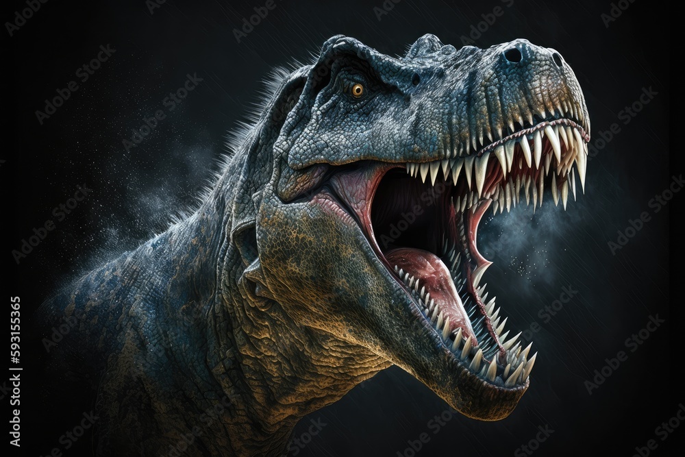 adult t-rex roaring, its jaws open and terrifying teeth visible ...