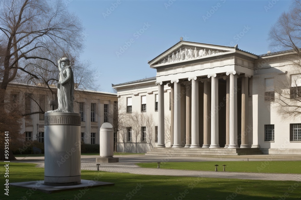 classicist building with columns and sculptures, viewed from a distance ...