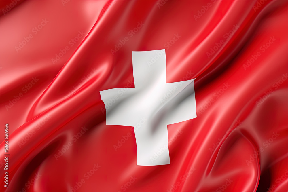 Red and white cross background, waving the national flag of Switzerland ...