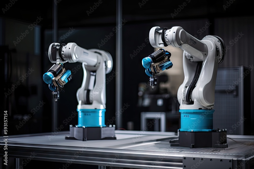 pair of cobots working side by side to fabricate parts, created with ...