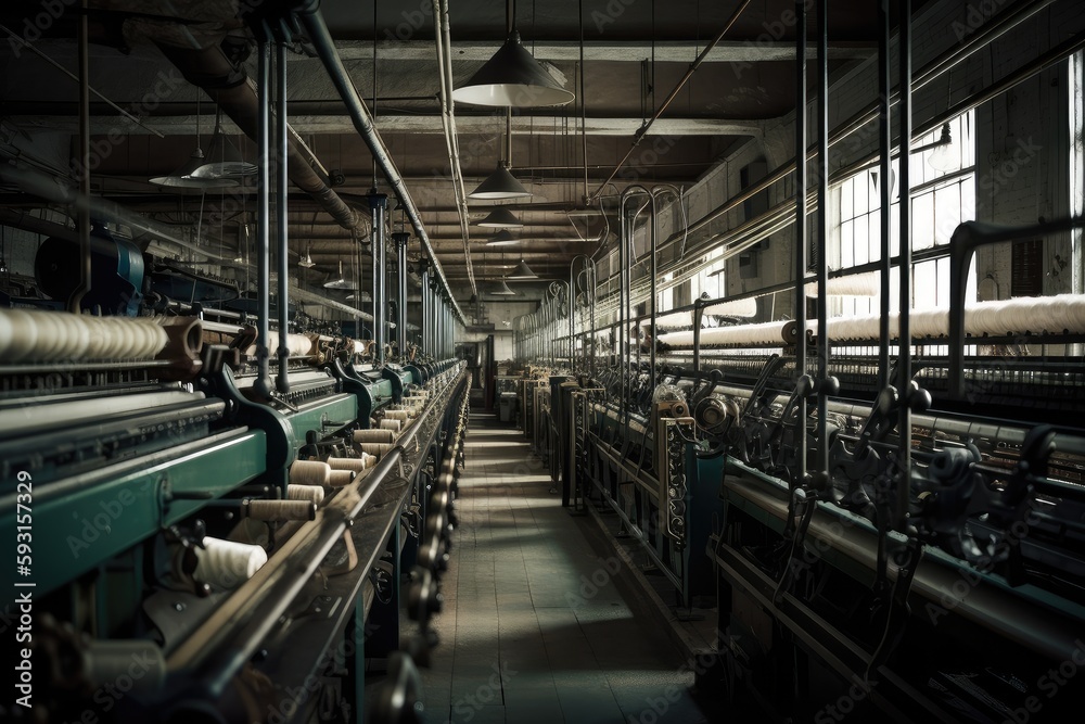 textile factory, with mechanical looms and spinning wheels in motion ...