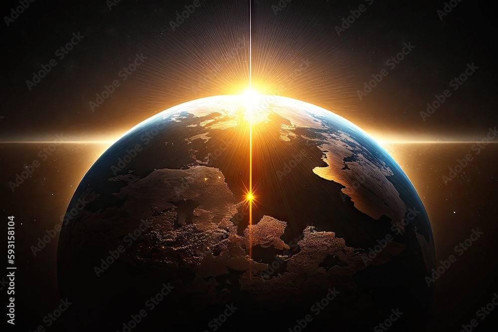 a sun rising over a globe, with rays of light spreading out across the ...