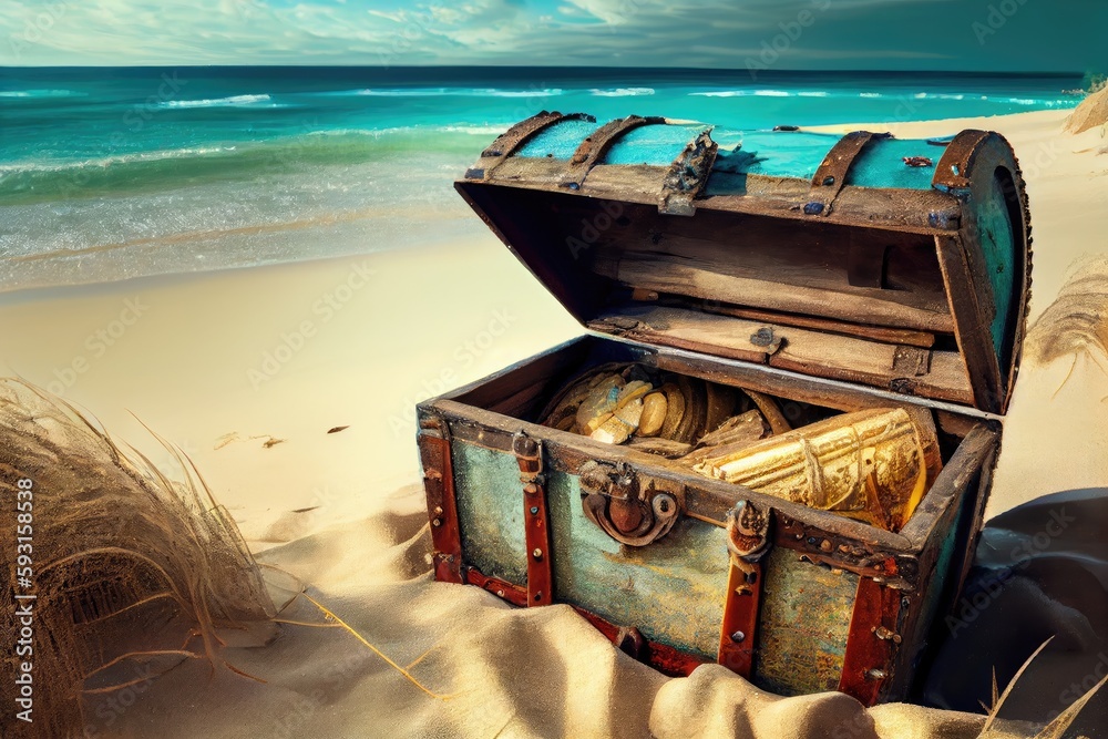 treasure chest buried in the sand, with a view of clear blue water ...