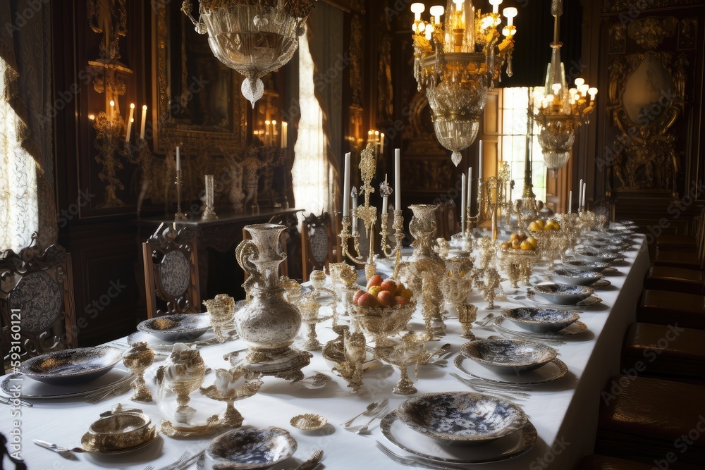 baroque dining room, with lavish table settings and crystal glasses, created with generative ai ...