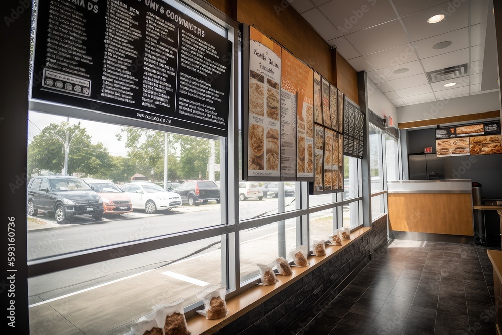 drive-thru window, with menu board and pricing visible, for quick and ...