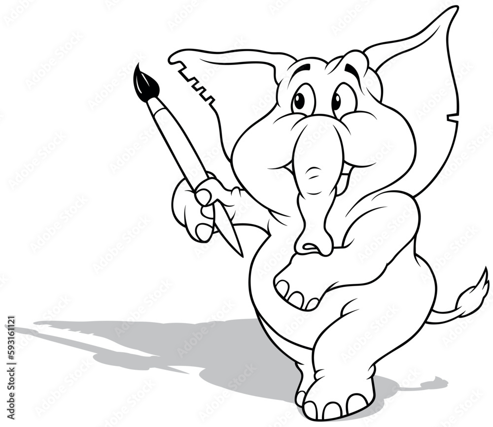 Drawing of an Elephant Standing on its Hind Legs with a Brush in its ...