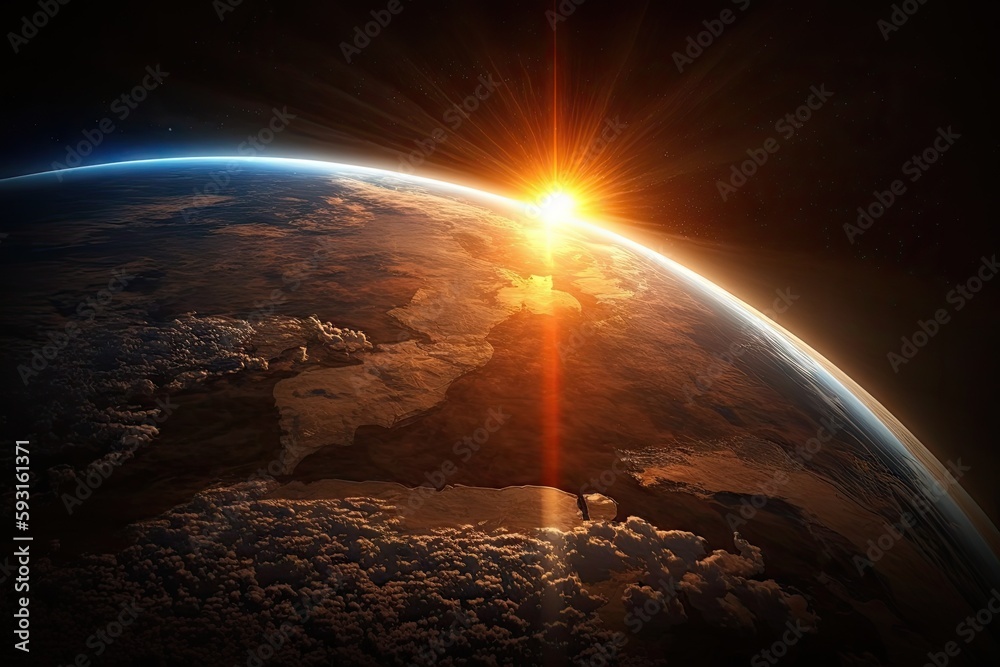 a close-up of a sun rising over the earth, with rays of light ...