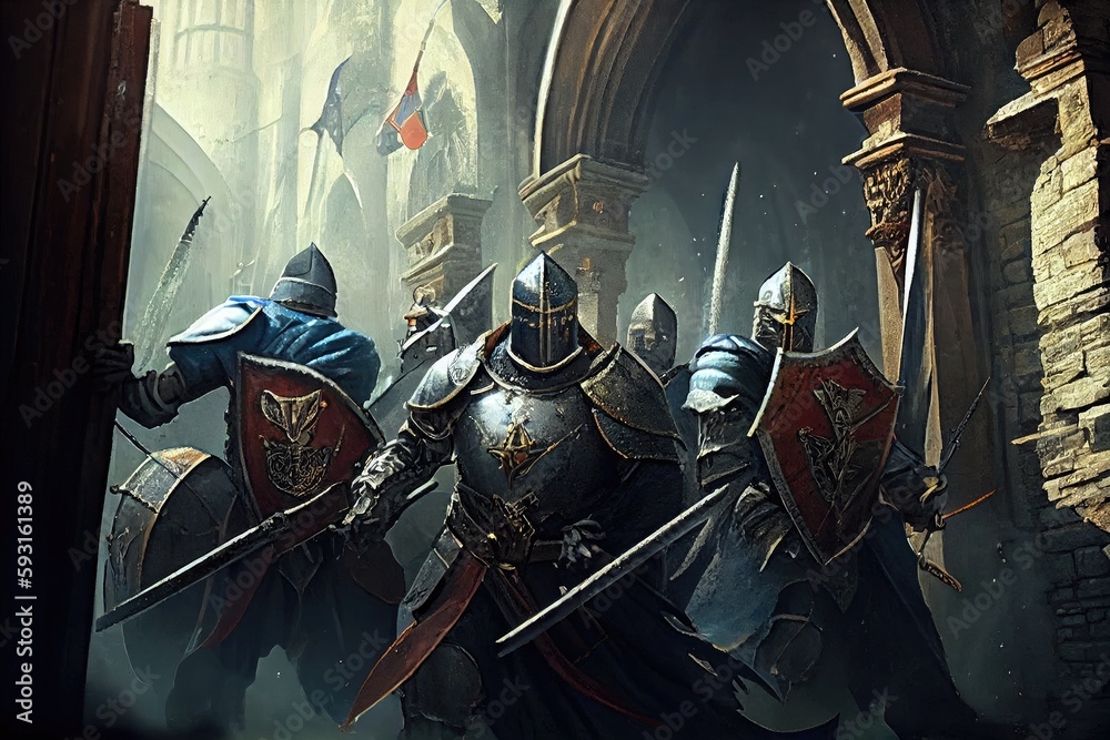 a group of knights, with swords and shields in hand, storming a ...