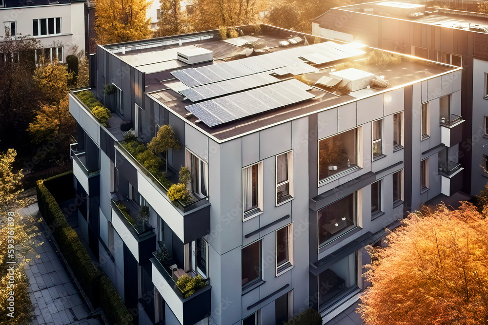 Photo of an apartment building with a flat roof on which a solar system ...