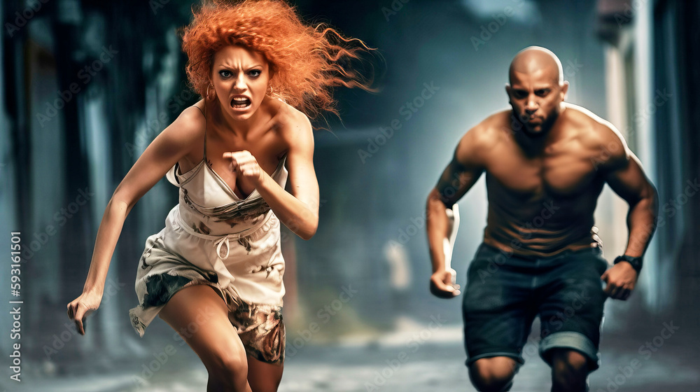 Surreal image of a man in shorts chasing a scared redheaded woman, made ...