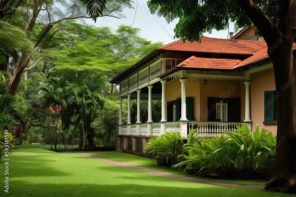 colonial house with veranda, overlooking lush green garden, created ...