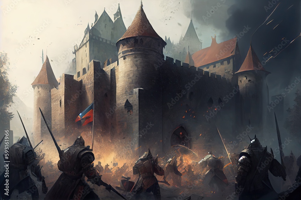 medieval castle under heavy siege, with armies of attackers and ...