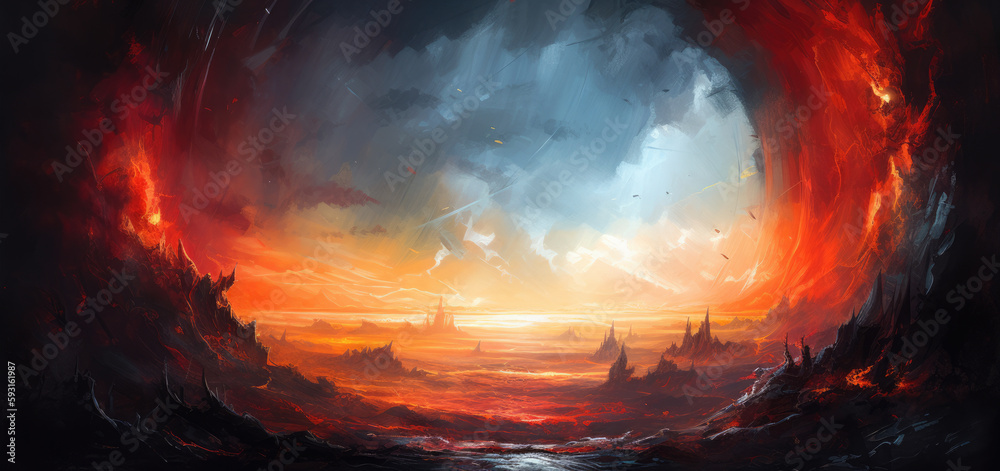 Netherworld wasteland with an eternal burning portal rift gate between ...