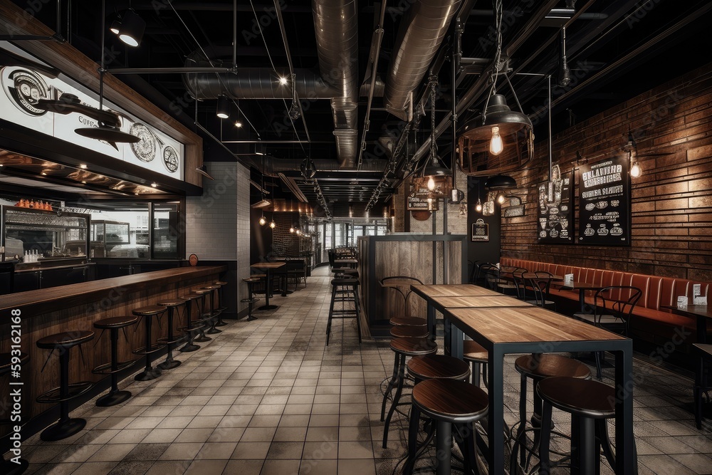 fast food restaurant with industrial decor, exposed pipes, and metal ...