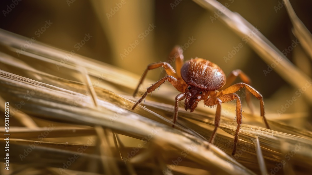Tick Clinging to a Grass Straw, Revealing Intricate Details in a Vivid ...